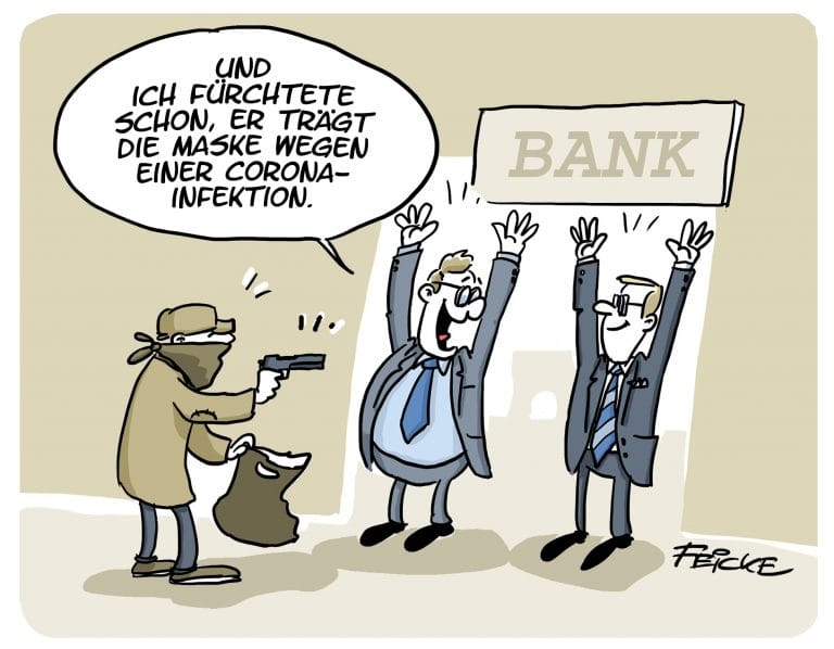 Maskierter Banküberfall | FEICKE Cartoons